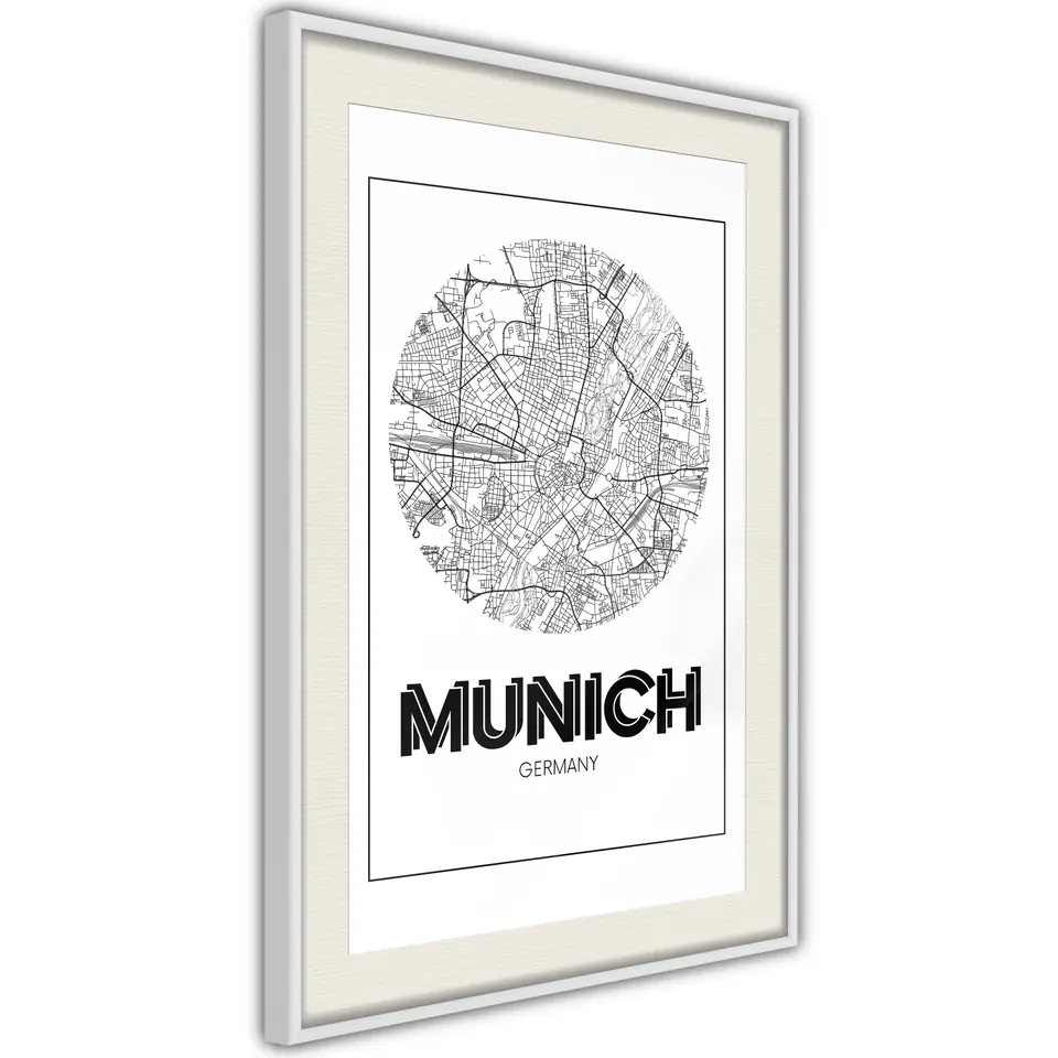 Plakat - Plan miasta: Monachium (okrągły) rozmiar 40x60, wykończenie Rama biała z passe-partout ...