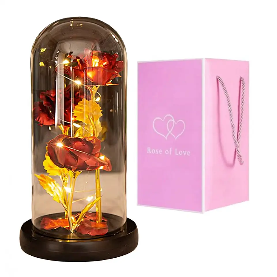 Kryształowa wieczna róża potrójna pod szklaną kopułą LED ROZ08 ...