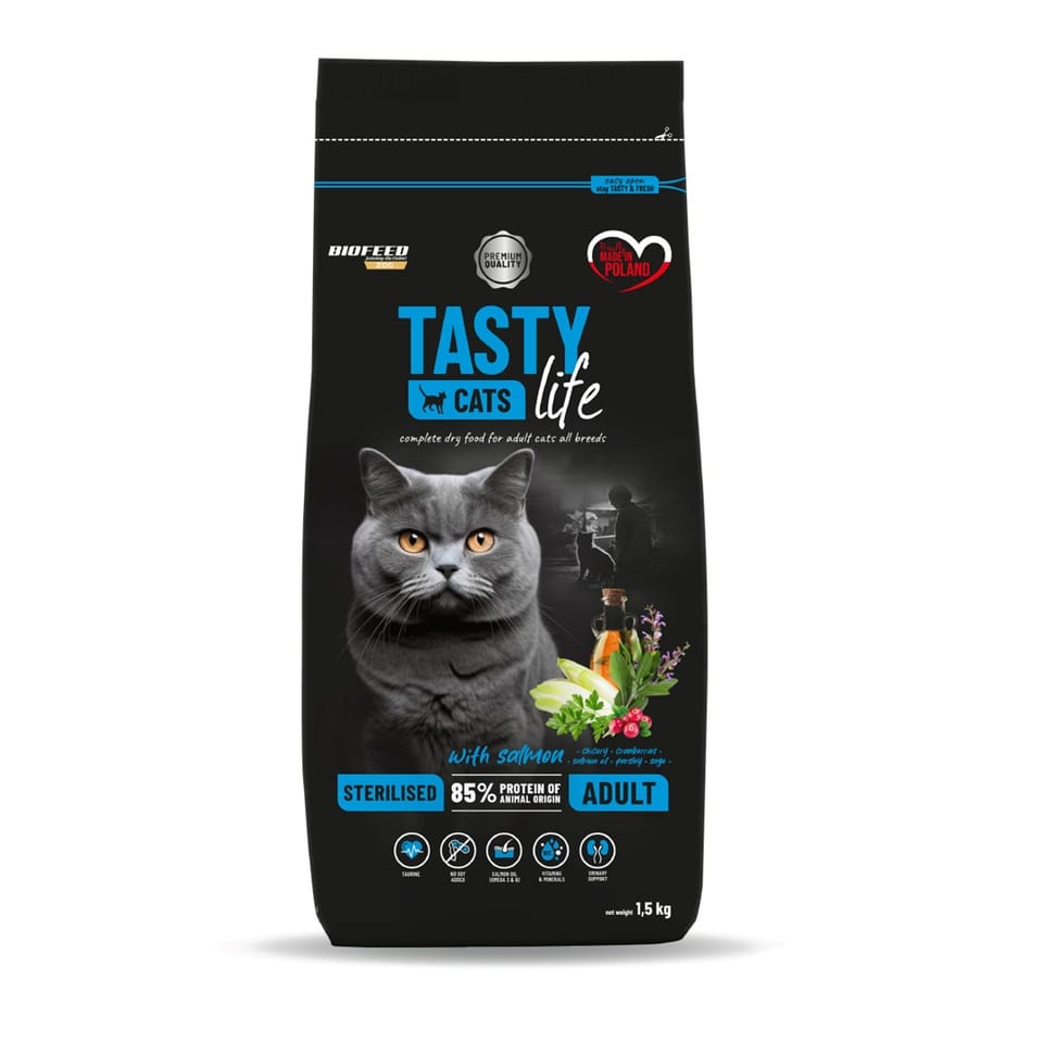 BIOFEED Tasty Cats Life Sterilised Salmon - dry cat food - 1,5kg ...